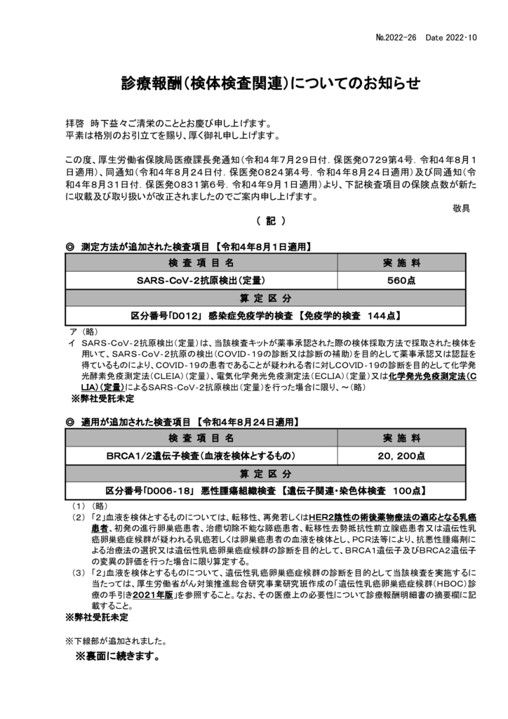 【保険点数】SARS‐CoV‐2抗原検出（定量） 、BRCA1/2遺伝子検査（血液を検体とするもの） 、Major BCR‐ABL1（mRNA ...